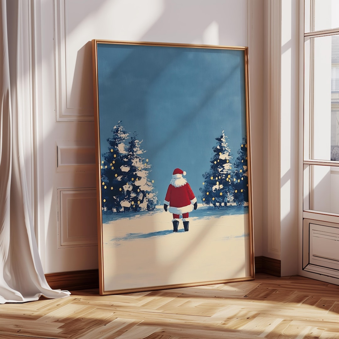 Santa Walking Art Print, Blue Sky Christmas Print, Cute White Christmas Print, Christmas Wall ...