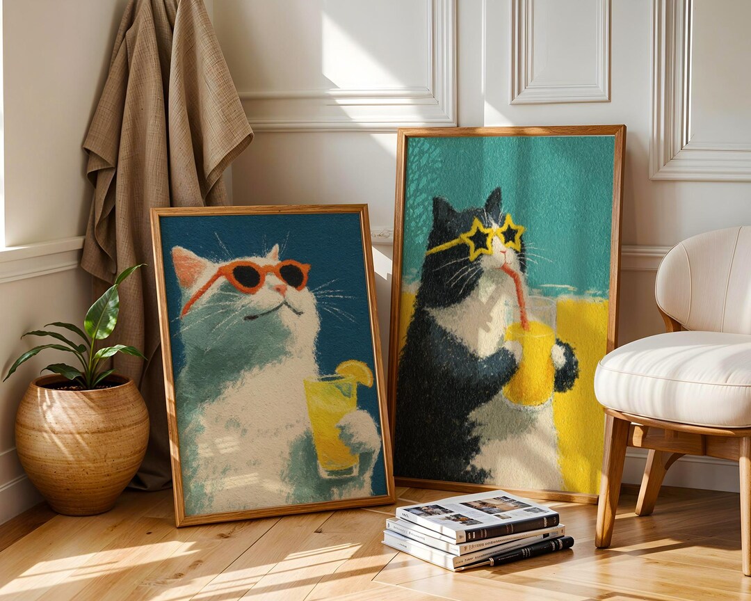 Summer Cat Art Print Set – Funny Cat Wall Art, Cool Cats With ...
