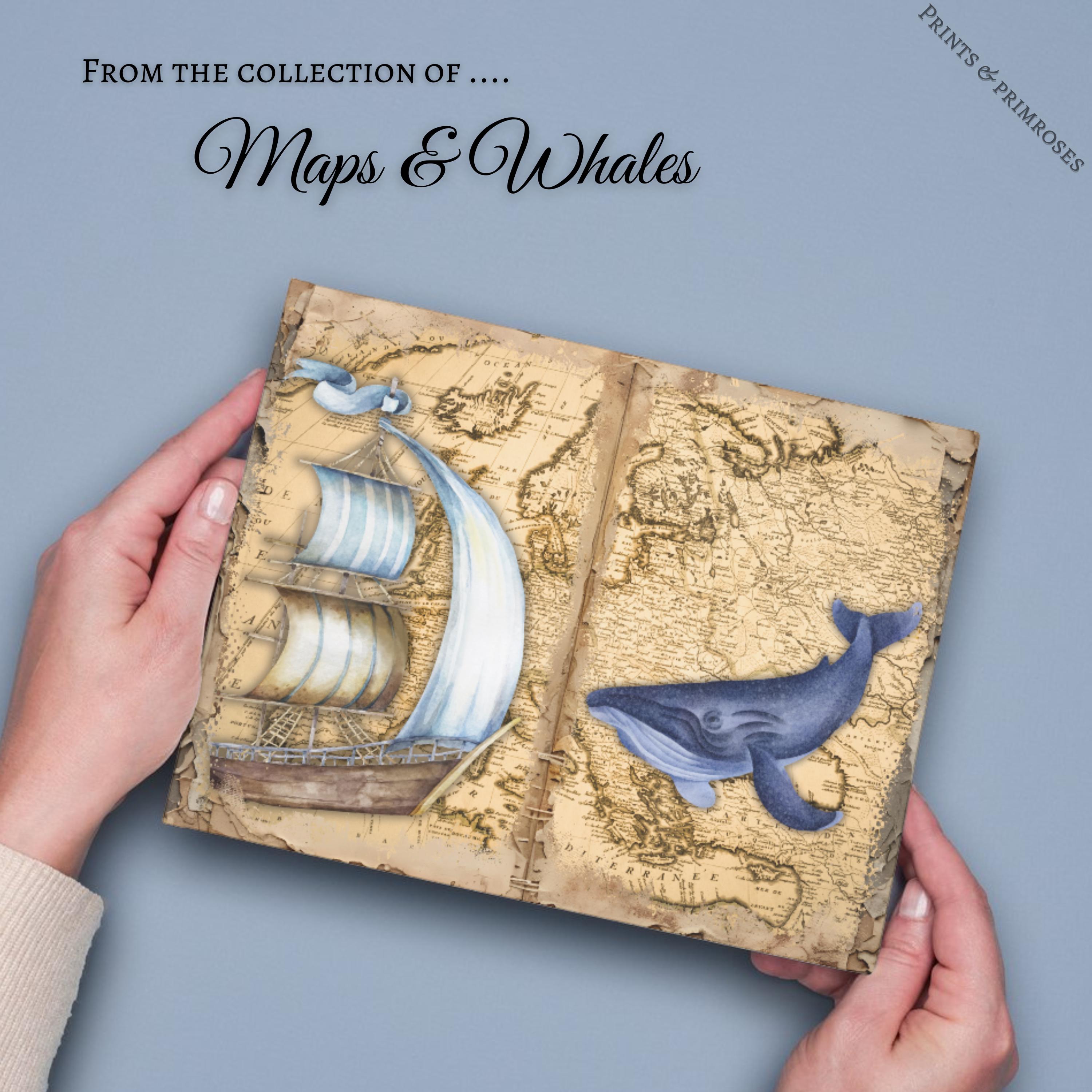 Maps and Whales | Printable Vintage Map Junk Journal Pages | Digital ...