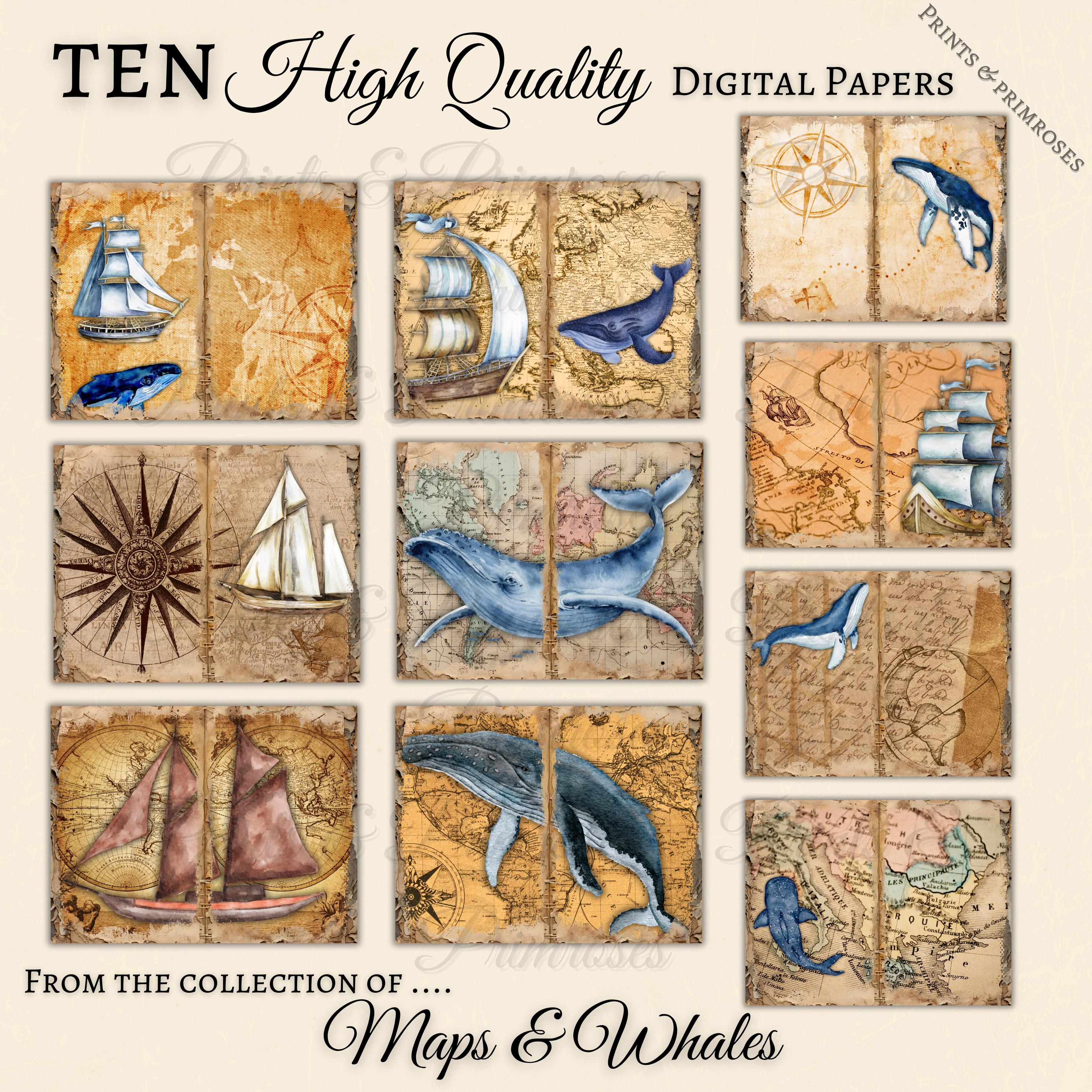 Maps and Whales | Printable Vintage Map Junk Journal Pages | Digital ...