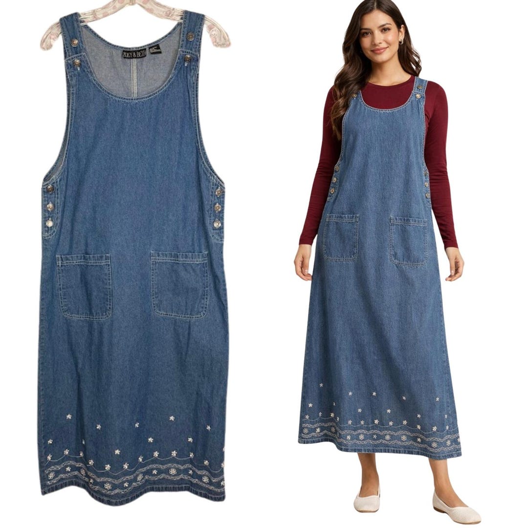 VINTAGE Denim Maxi Jumper Overall Dress Floral Embroidered Button Women ...