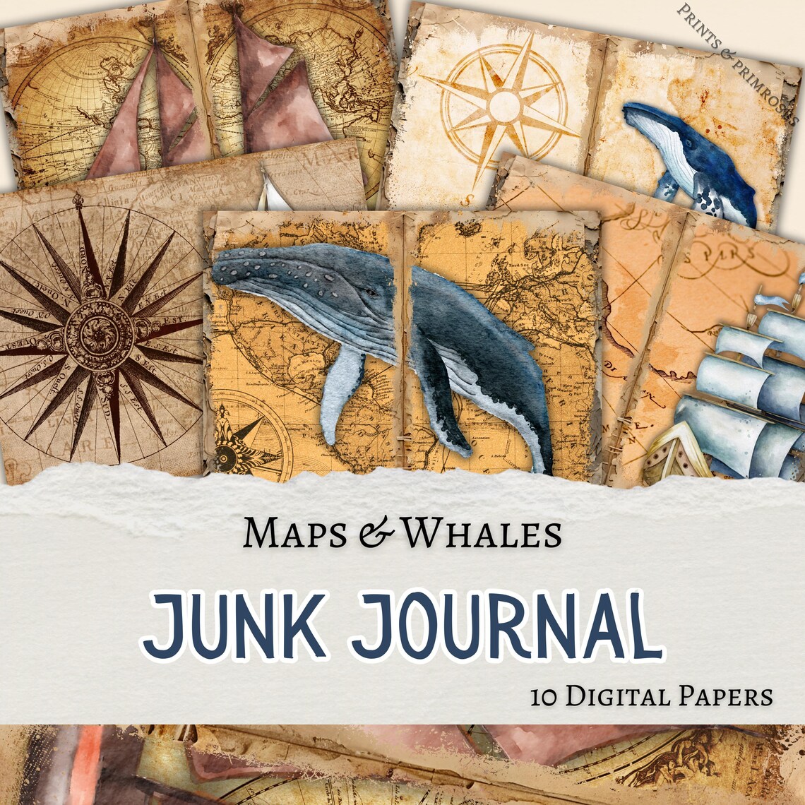 Vintage Nautical Map Junk Journal Pages | Jonah and the Whale (digital ...