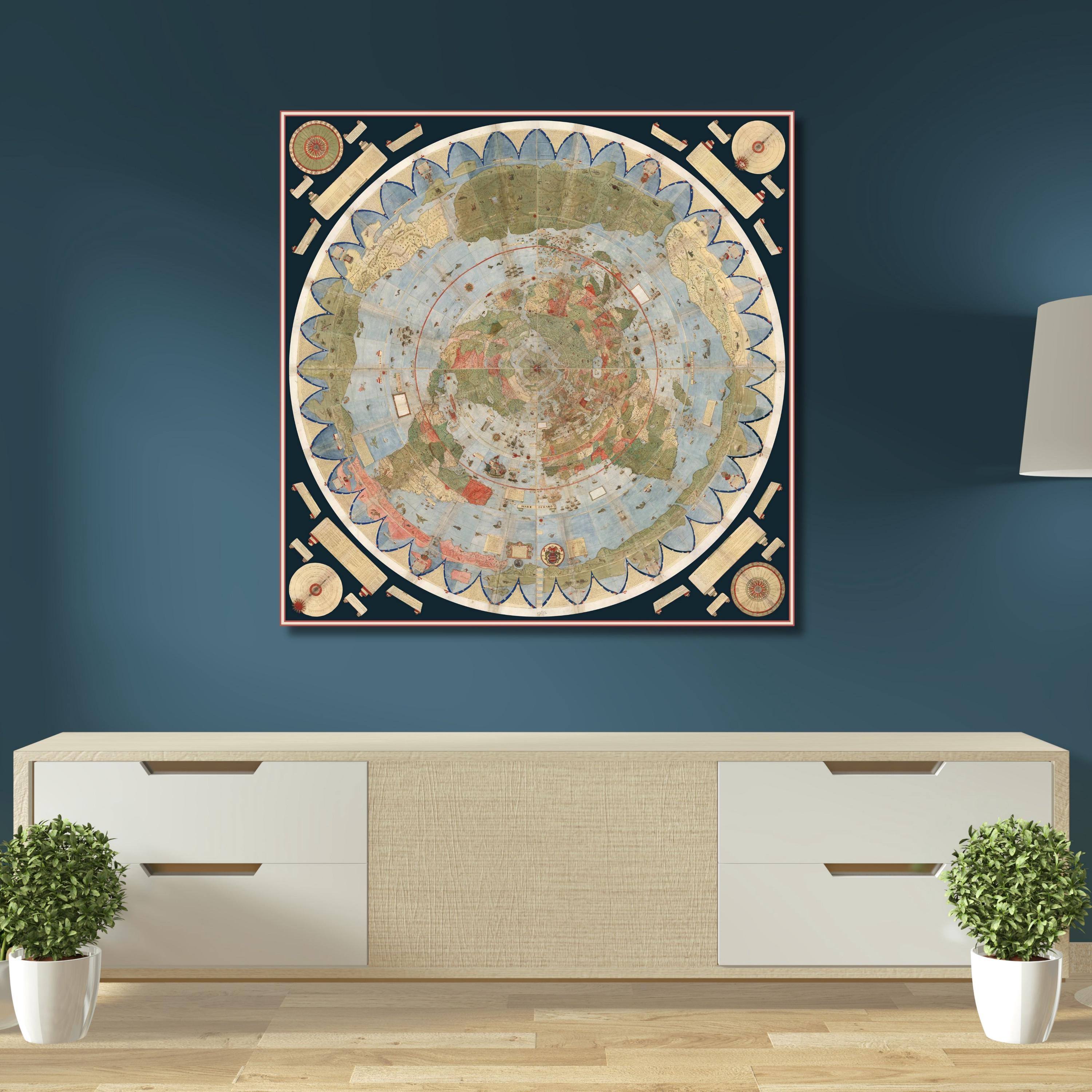 Ancient Flat Earth Map Framed Canvas Wall Art,1587 by Monte Urbano Poster,15th Century Old Map ...