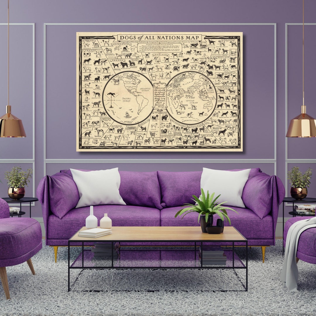 Dog Breeds Canvas Wall Art,dogs of All Nations Map Poster,dogs Map Wall ...
