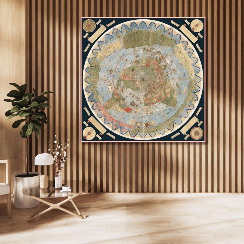 Ancient Flat Earth Map Framed Canvas Wall Art,1587 by Monte Urbano Poster,15th Century Old Map ...