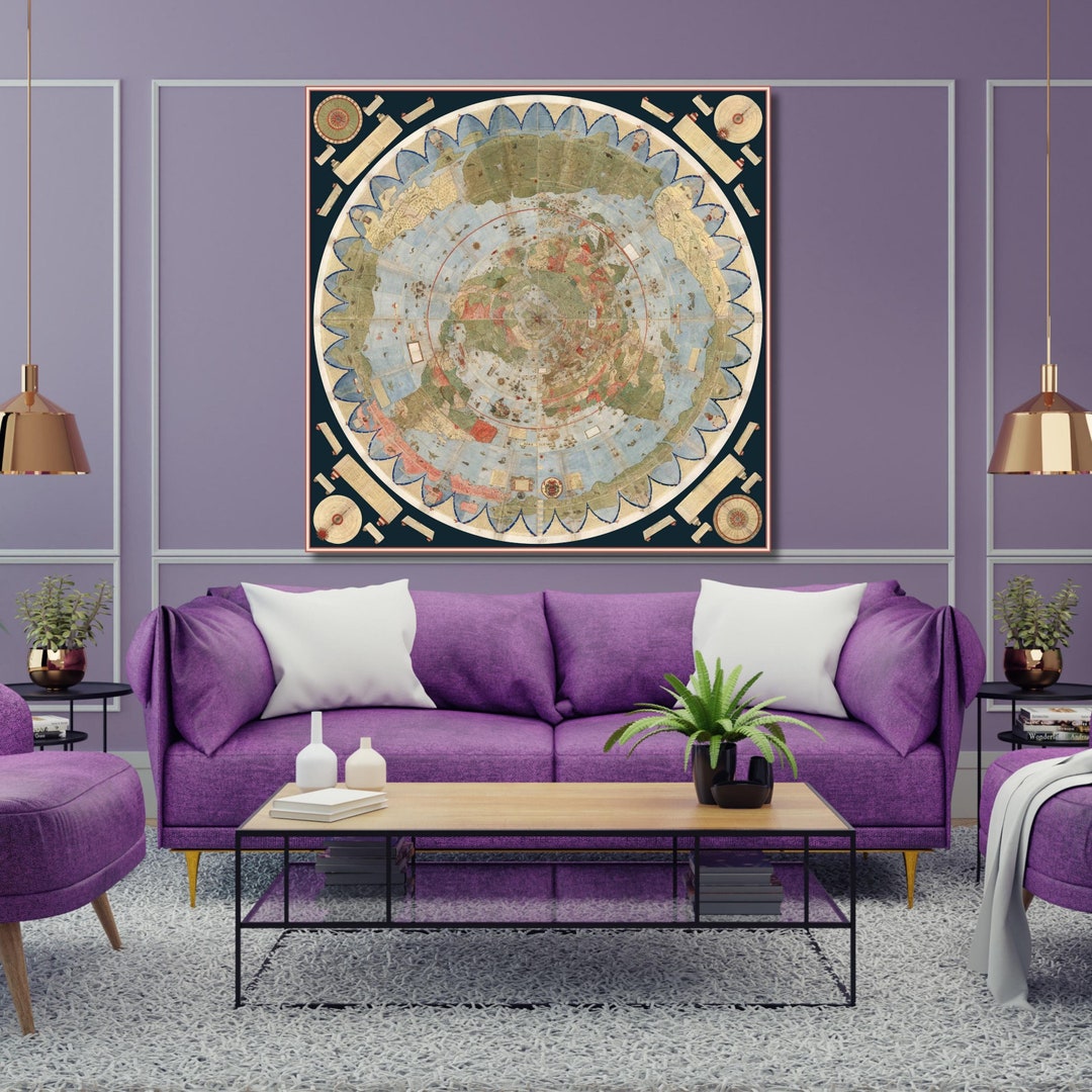 Ancient Flat Earth Map Framed Canvas Wall Art,1587 by Monte Urbano Poster,15th Century Old Map ...