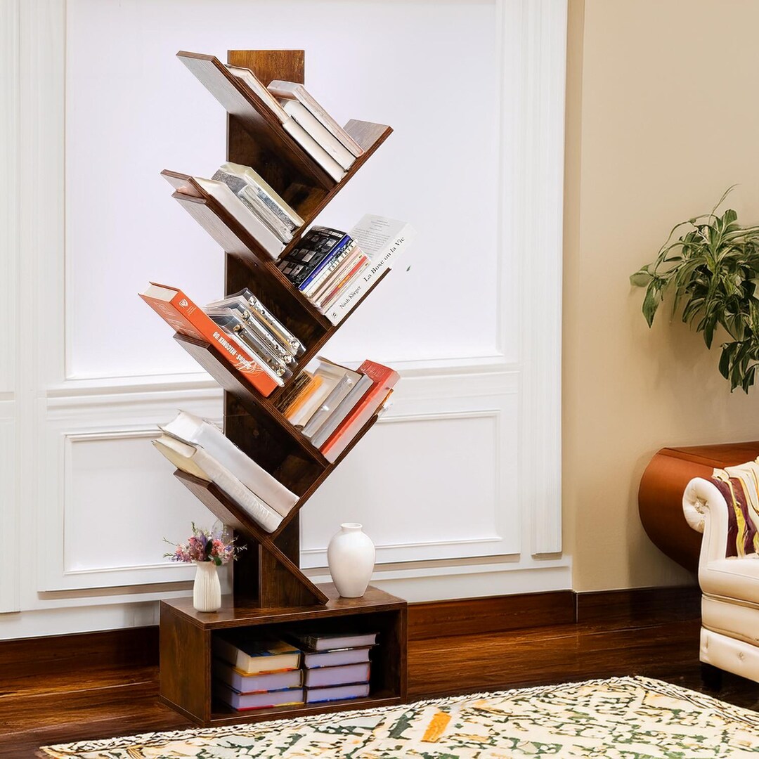 Wooden Tree Bookshelf, 6 Shelf Book Rack, Rustic Wood Book Storage ...