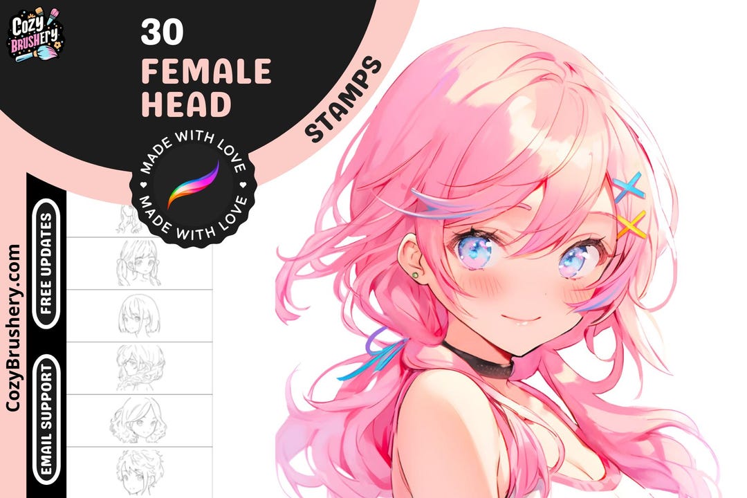 Procreate Stamps: Anime Girl Head Templates, 30 Stamps With Hair and ...
