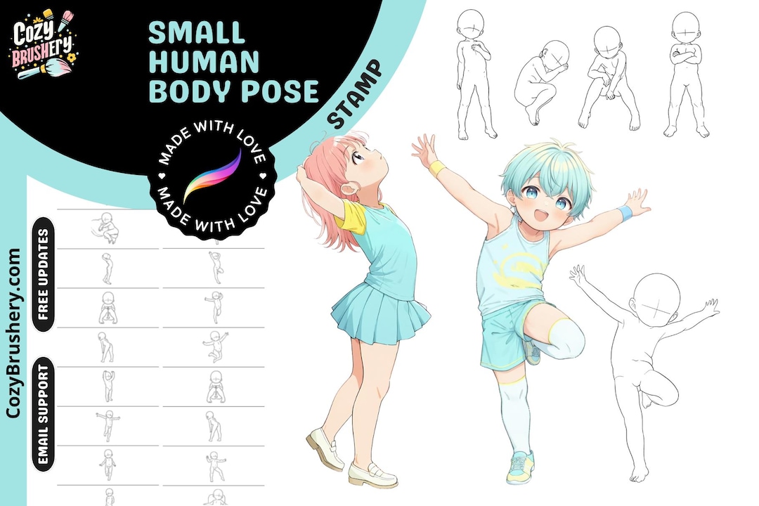 Procreate Stamps: Small Human Pose Pack, 100+ Anime and Realistic Body ...