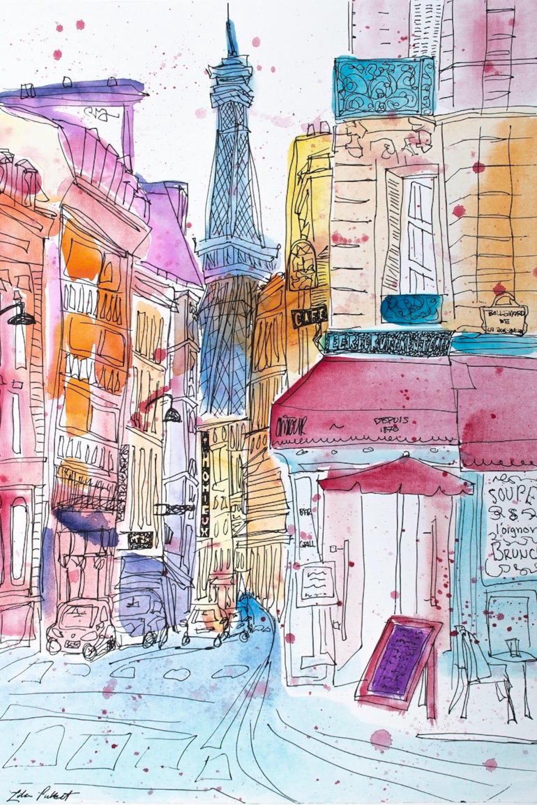 PRINT, Hand Painted French Parisian Street Sketch, Paris Cafe ...