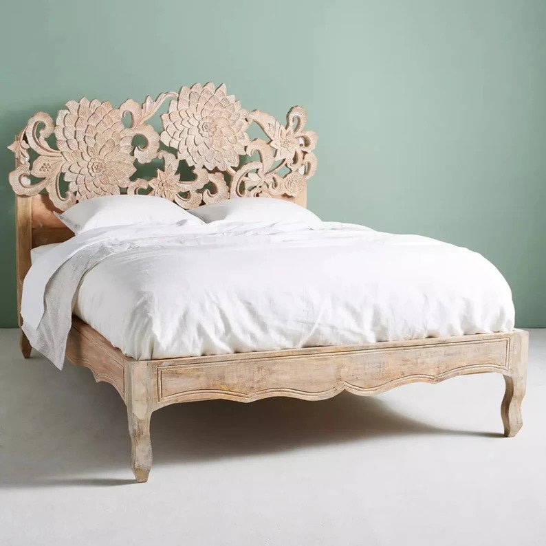 Hand Carved Teak Headboard: Tropical Floral, Boho Style - Etsy