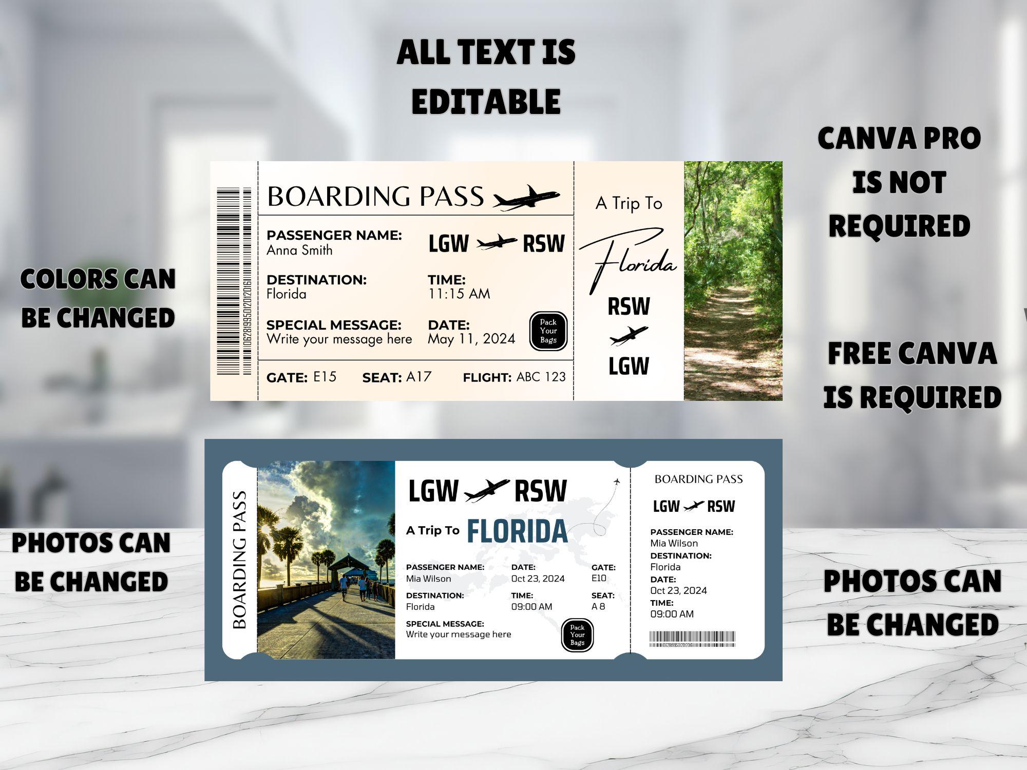 Printable Boarding Pass Airline Ticket Gift Surprise Trip Reveal ...