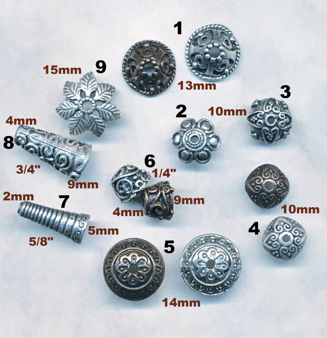 CAST BEAD CAPS for Ends of Necklace or Large Beads. 10 Pieces of Each ...