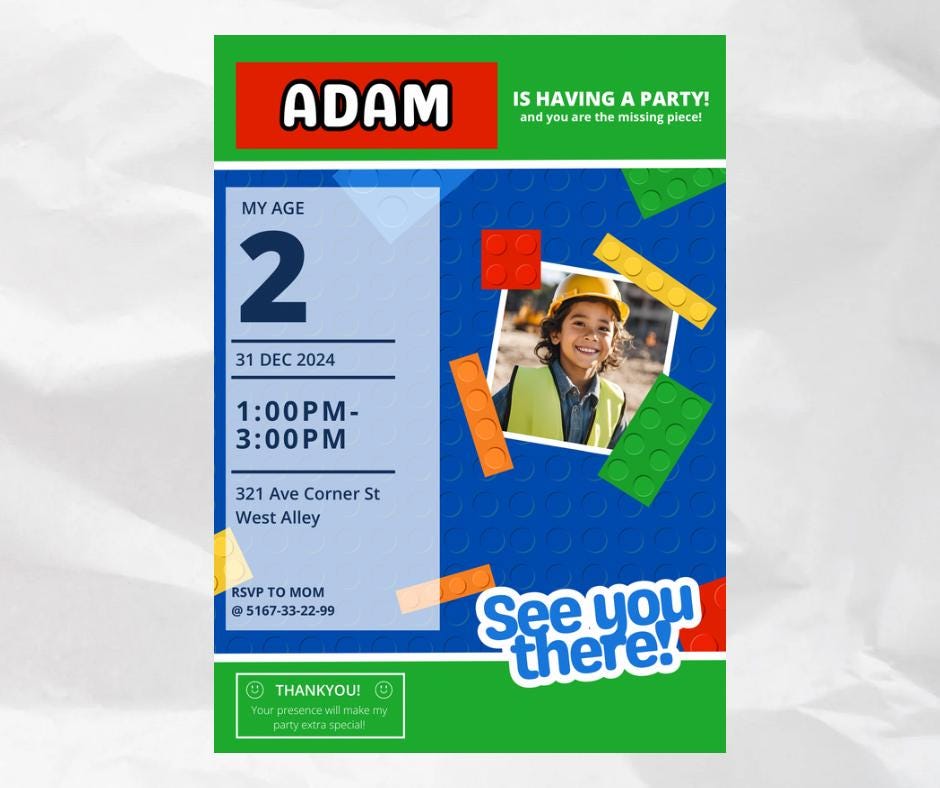 Editable Building Blocks Birthday Invitation | Bricks Birthday Card ...