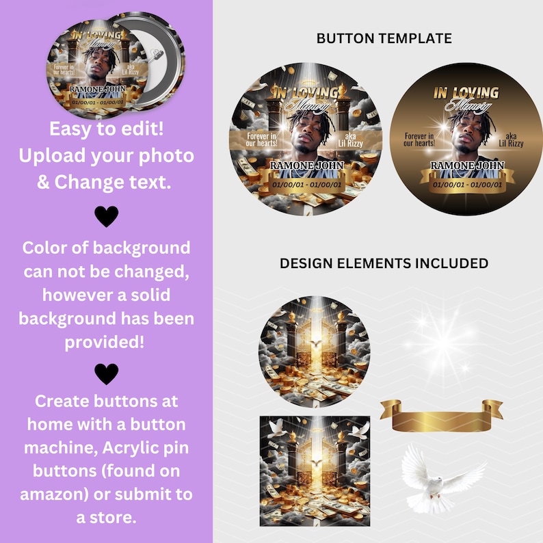 Memorial Pin Button, in Loving Memory Button , Rest in Peace Button ...