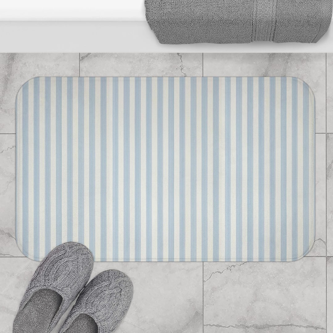 Light Blue Stripe Bath Mat: Coastal Bathroom Decor, Non-slip Microfiber ...