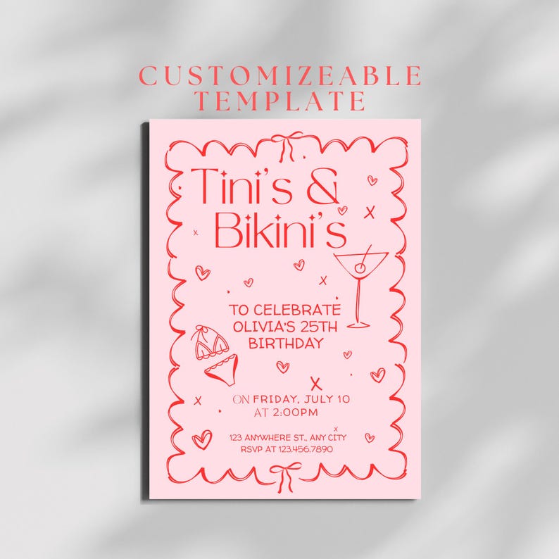 Girly Pool Party Invitation for Martinis and Bikinis DIY Editable ...