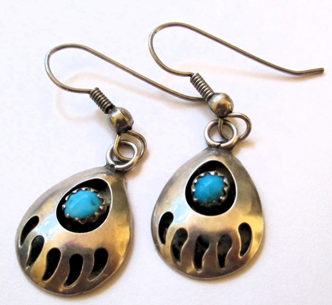 EARRINGS - Bear CLAW - TURQUOISE - Bezel Set - Fish Hook - Sterling ...
