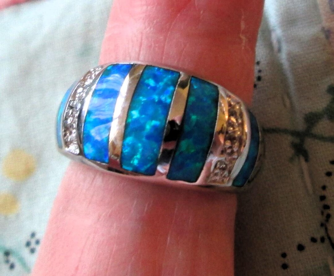 RING - AUSTALIAN OPALS Inlay - White Topaz - 925 - Sterling Silver ...