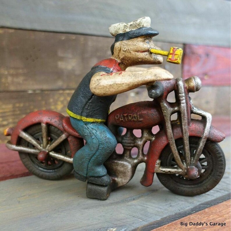 Popeye Sailor Man Patrol Motorcycle Figurine Cast Iron Painted With ...