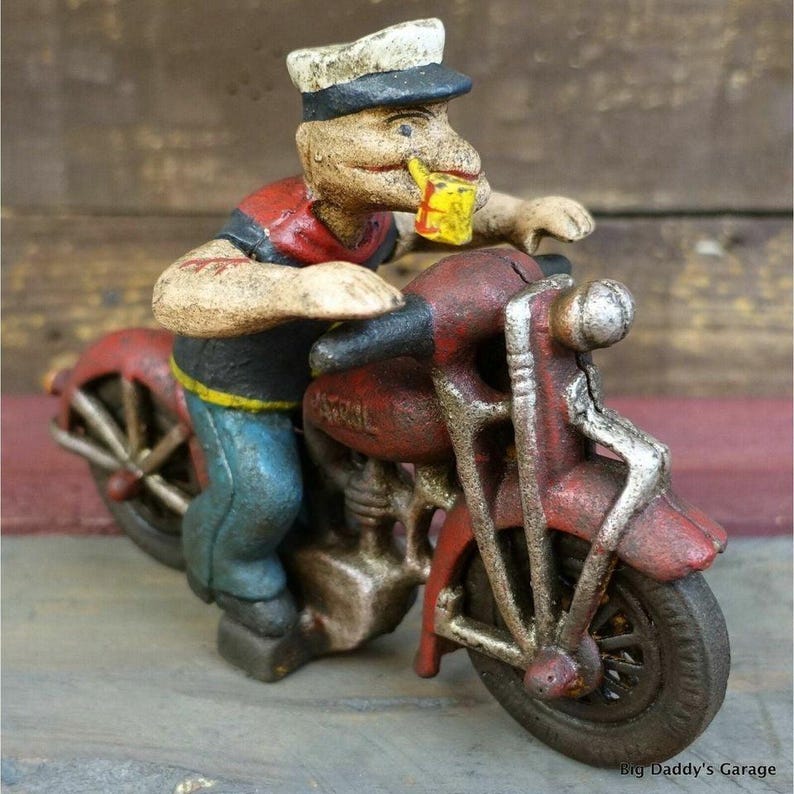 Popeye Sailor Man Patrol Motorcycle Figurine Cast Iron Painted With ...