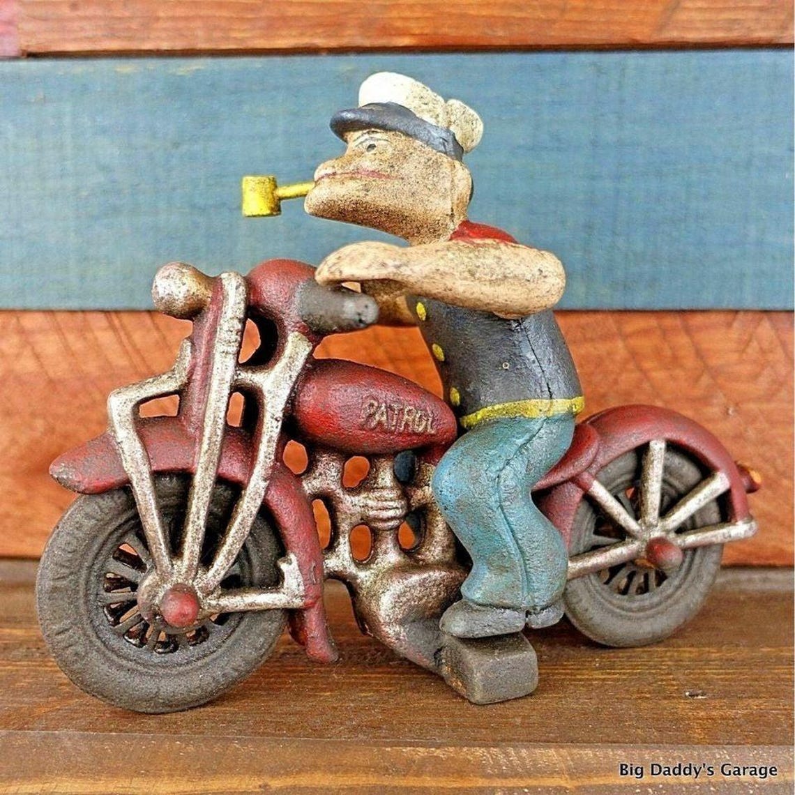 Popeye Sailor Man Patrol Motorcycle Figurine Cast Iron Painted With ...