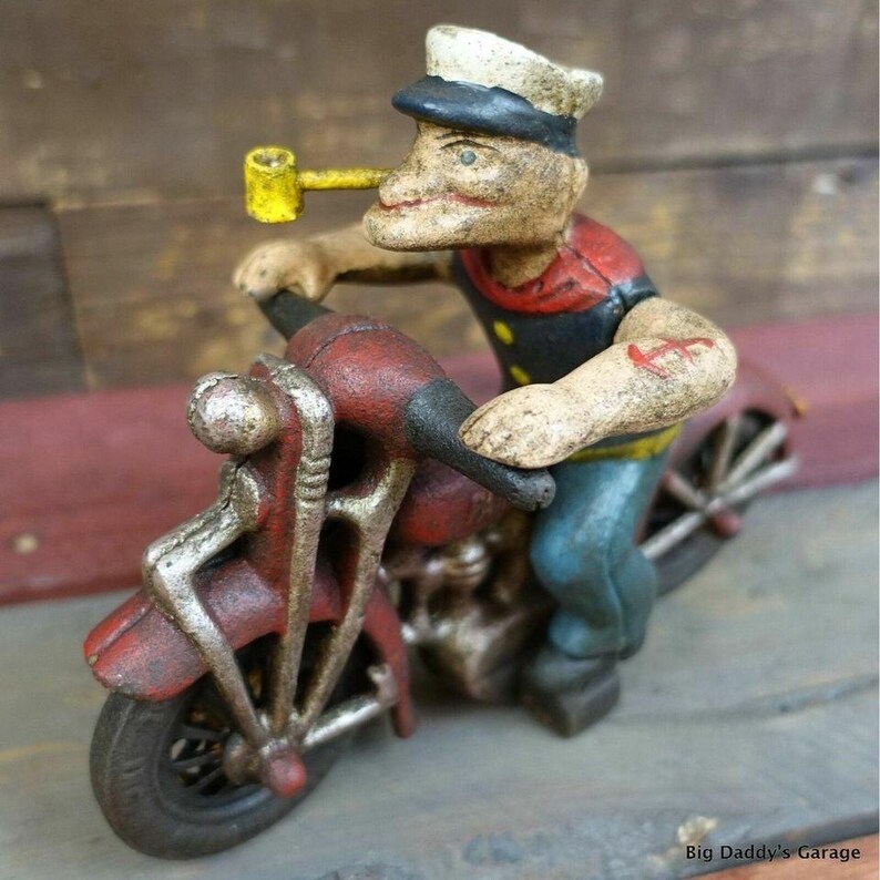Popeye Sailor Man Patrol Motorcycle Figurine Cast Iron Painted With ...