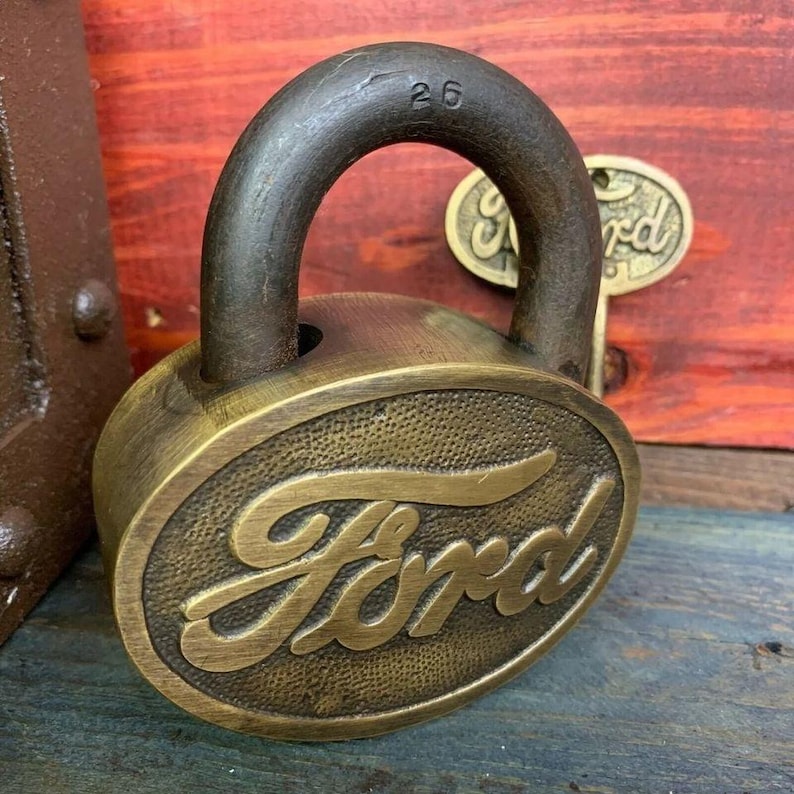 Ford Logo Cast Iron Lock With Raised Lettering Antique Finish 3.5 X 3 ...