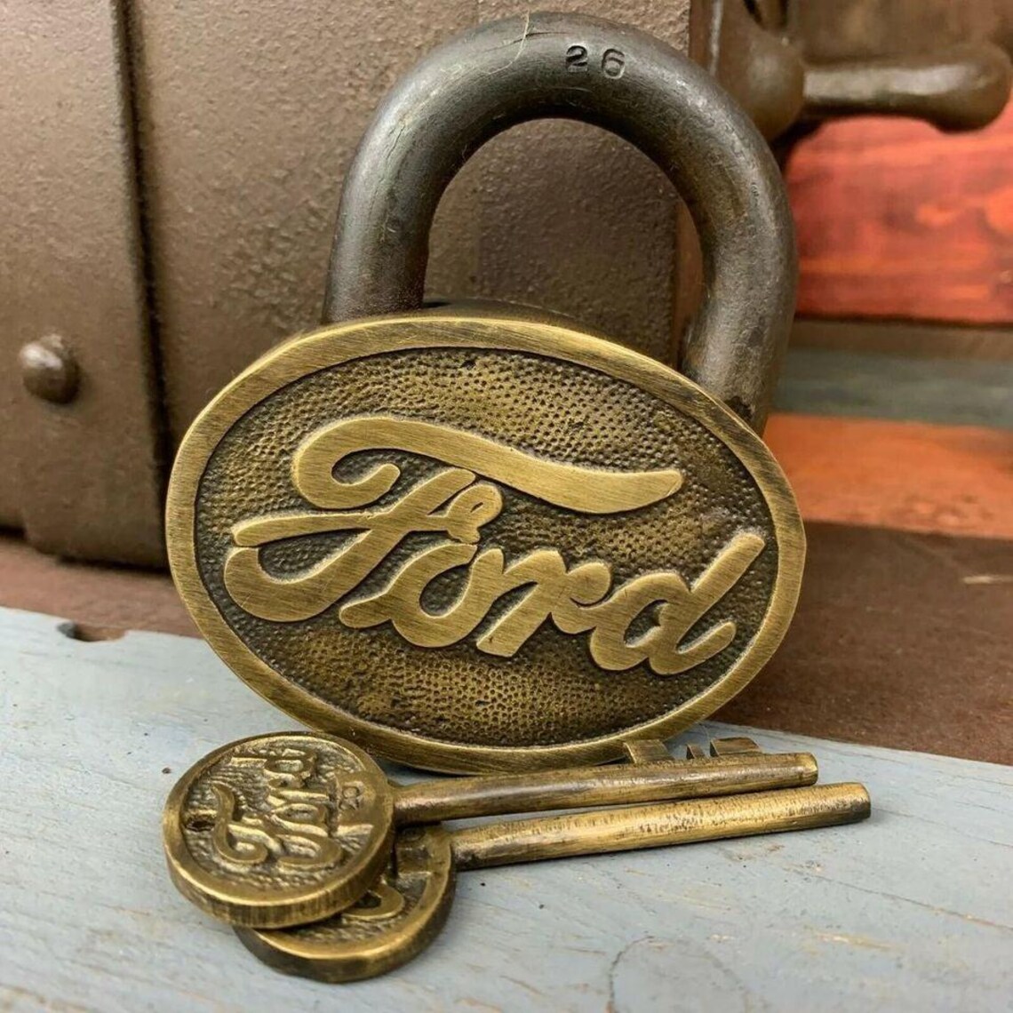 Ford Logo Cast Iron Lock With Raised Lettering Antique Finish 3.5 X 3 ...