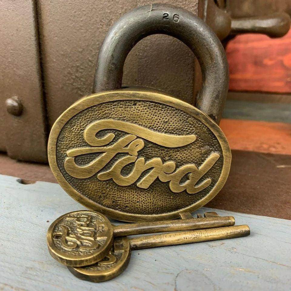 Ford Logo Cast Iron Lock With Raised Lettering Antique Finish (3.5" X 3 ...