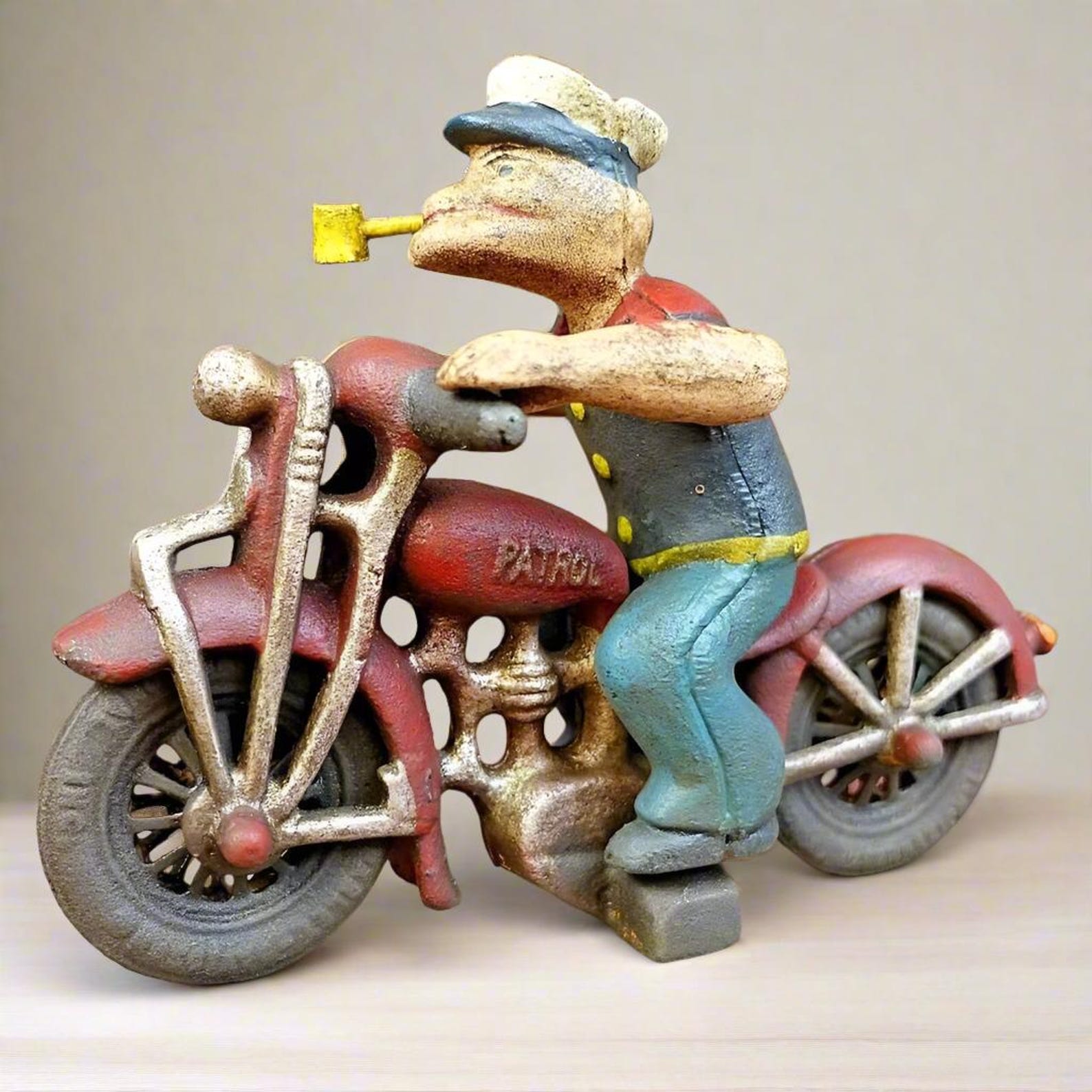 Popeye Sailor Man Patrol Motorcycle Figurine Cast Iron Painted With ...