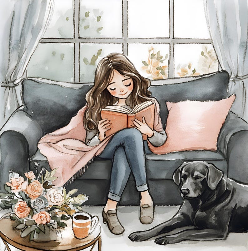 Cozy Girl Reading With Black Lab Digital Print - Etsy