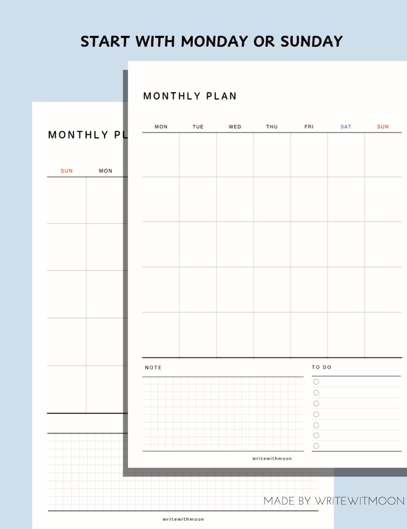 Printable Calendar| Monthly Planner | A4, Letter| Monday & Sunday Start ...