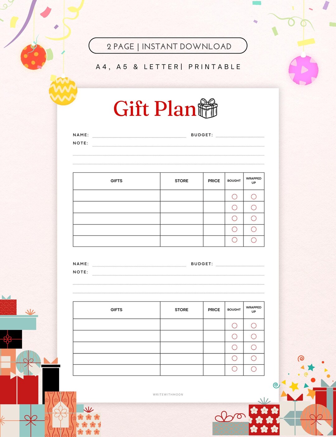 Gift Planner Printable PDF | Christmas & Birthday Gift List | A4 A5 ...