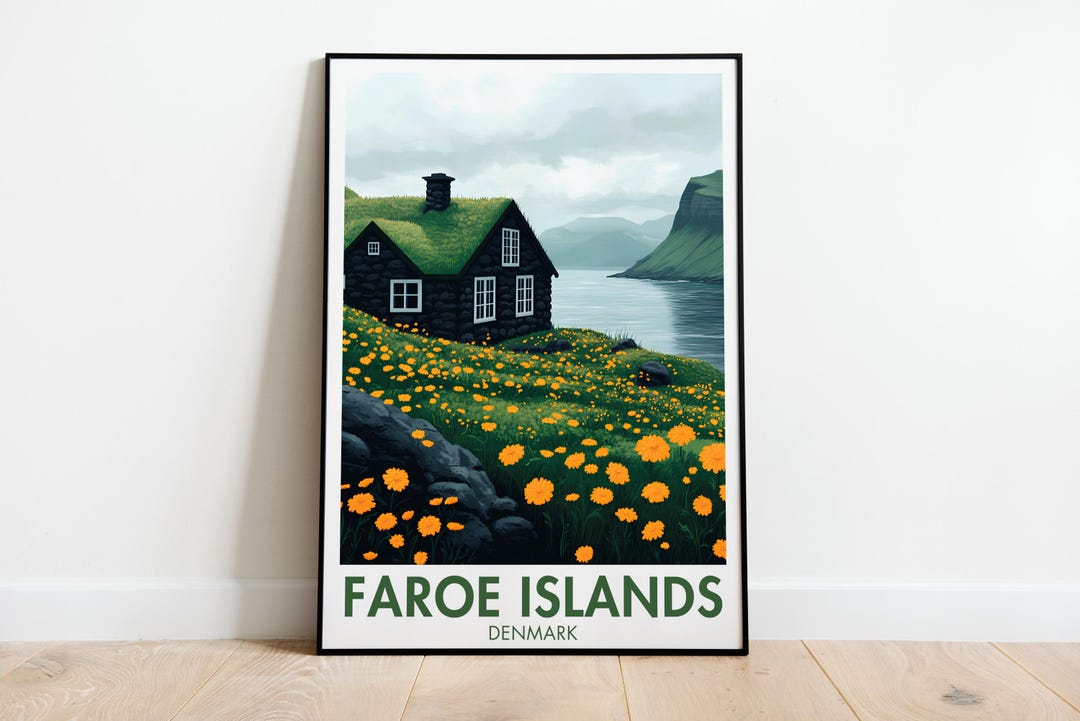 Faroe Travel Poster | Denmark Bay Painting | Coastal Village Print ...