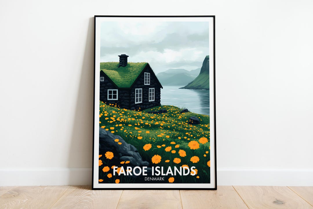 Faroe Travel Poster | Denmark Bay Painting | Coastal Village Print ...