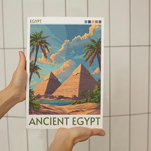 Ancient Egypt Poster | Giza Pyramids and Nile River Art | Palm Trees ...