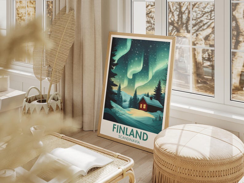 Finland Travel Poster | Scandinavia Wall Art | Northern Lights Finland ...