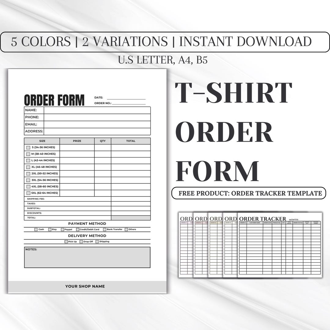 T-shirt Order Form, Digital Order Form, Custom Order Form, Fillable ...