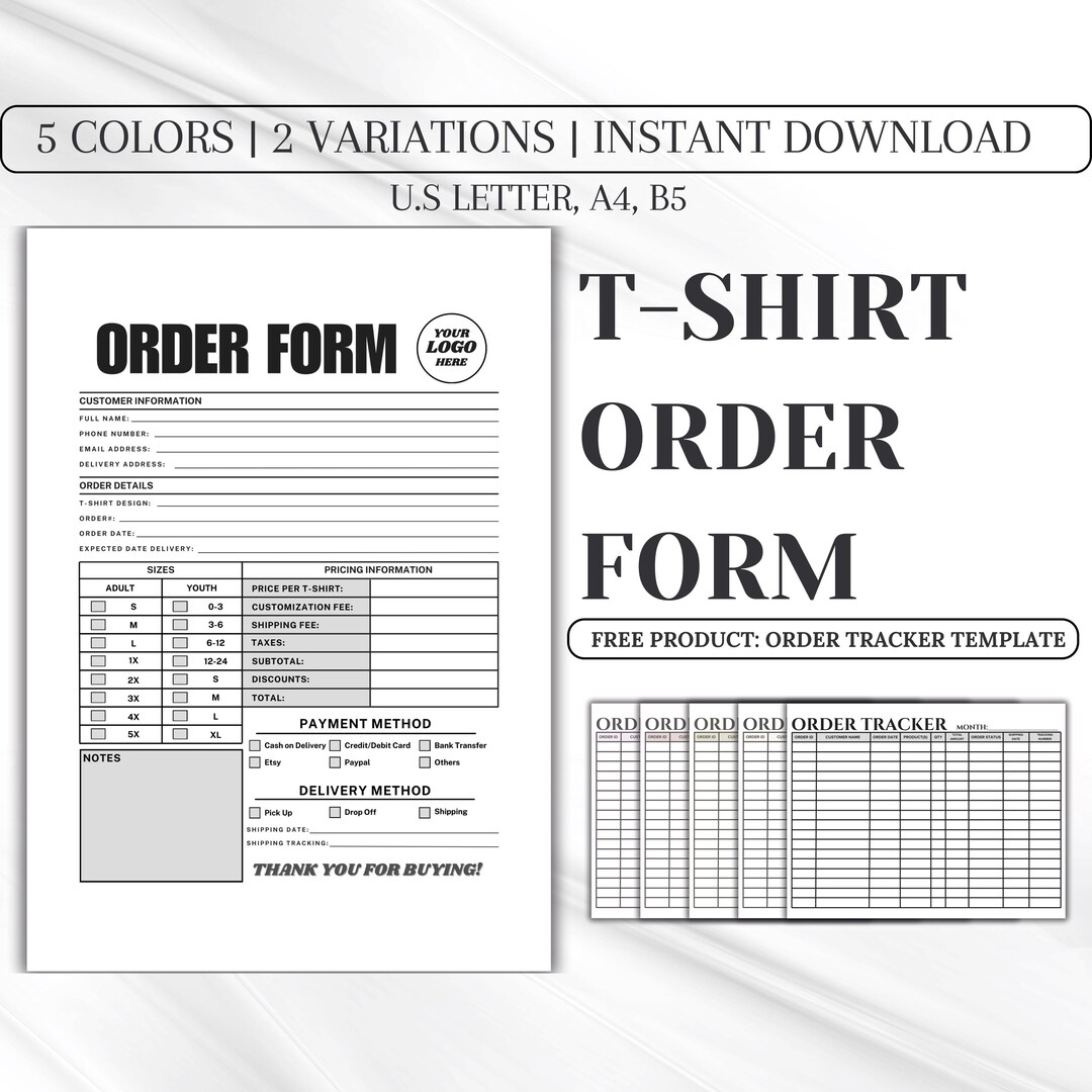 T-shirt Order Form, Digital Order Form, Custom Order Form, Fillable ...