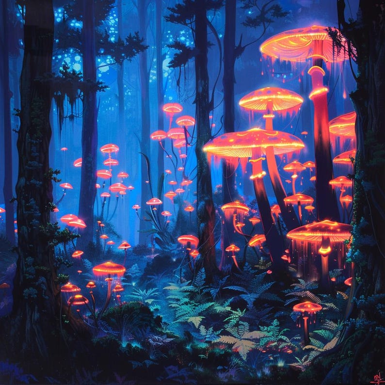 24 Neon Forest Fairy Tale Clipart, Magical Glowing Mushrooms, PNG ...