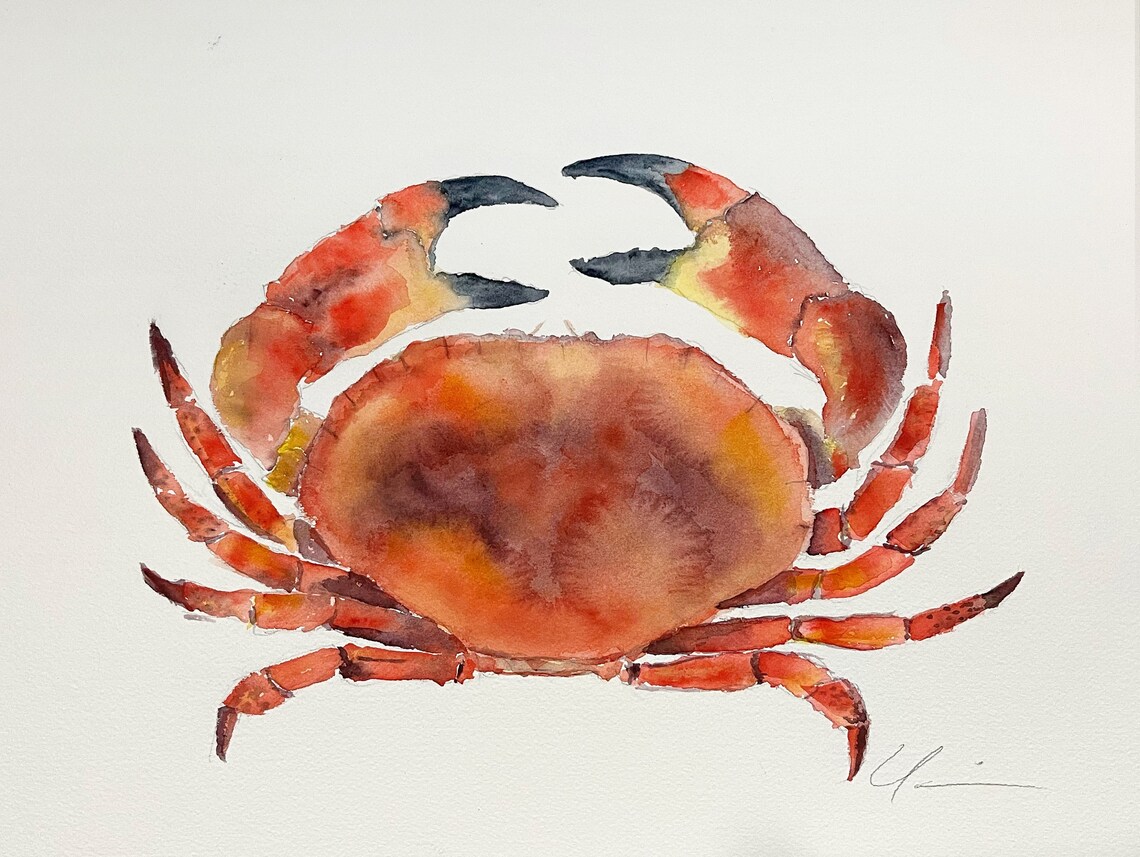 Colorful Red, Orange, Coastal Beach Stone Crab Watercolor by Clair ...