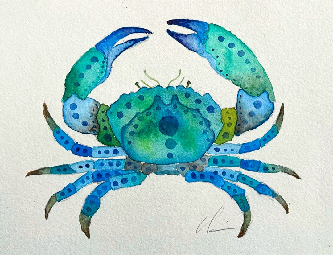Colorful Blue Green, Coastal Beach Stone Crab Watercolor by Clair ...