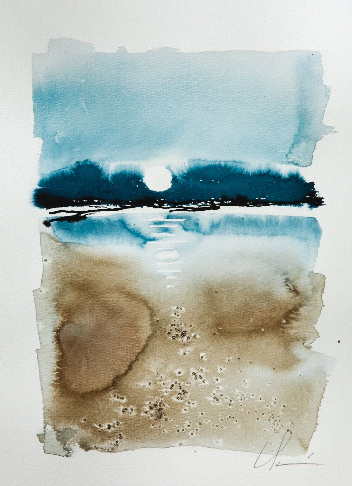Blue, Moonlight Over Water, Coastal Beach Watercolor by Clair Hartmann ...