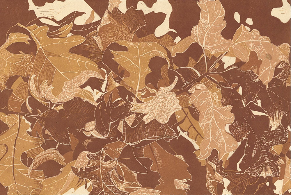 Oak Leaves, Linoleum Reduction Print - Etsy