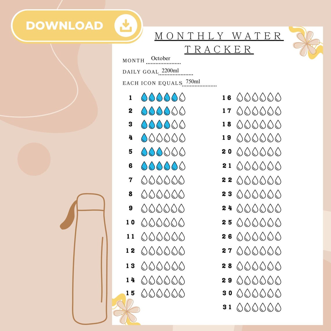 Monthly Water Tracker Printable | Water Tracker | Fitness & Wellness ...