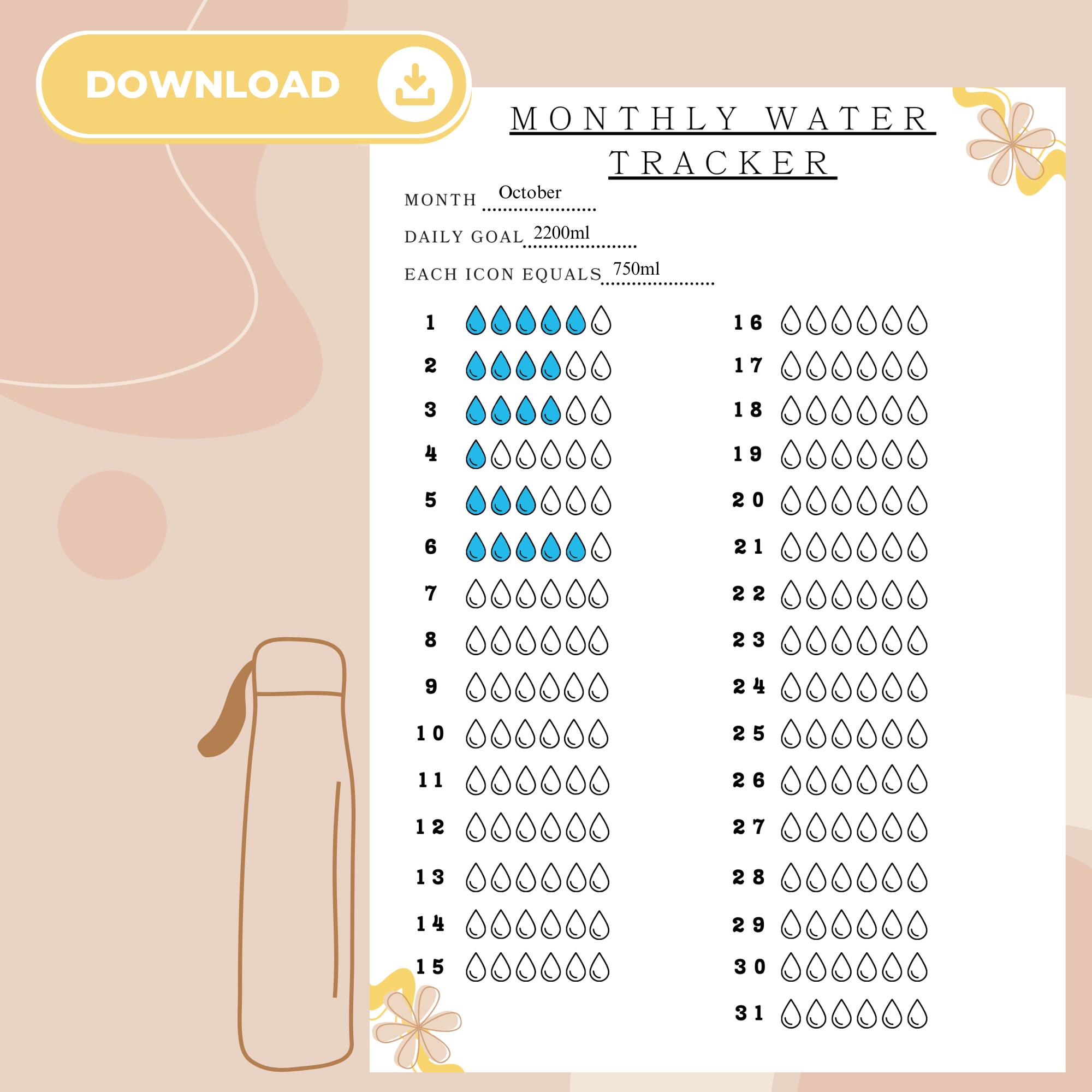 Monthly Water Tracker Printable | Water Tracker | Fitness & Wellness ...