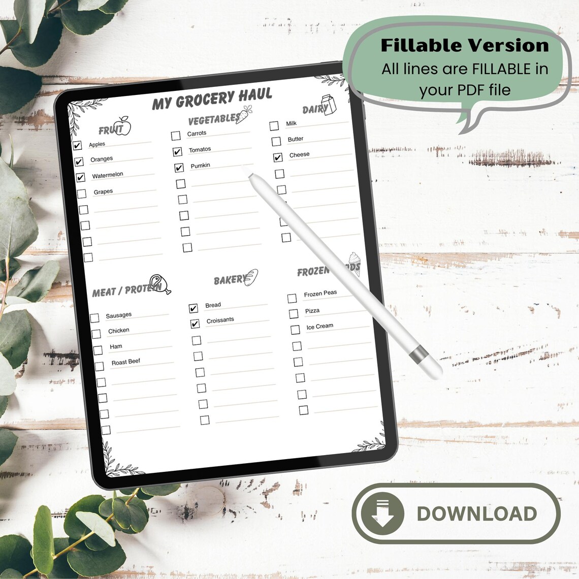 Printable & Fillable Grocery List PDF | Grocery List Printable Template ...
