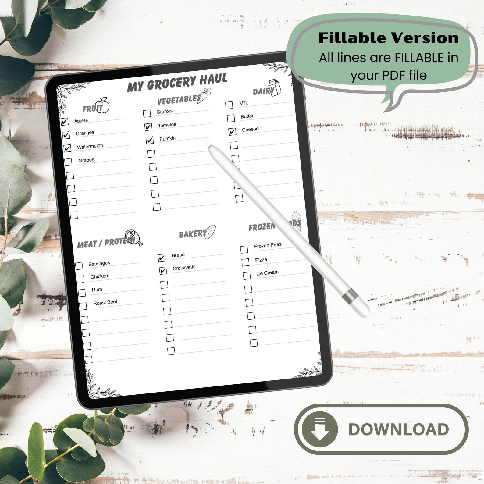 Printable & Fillable Grocery List PDF | Grocery List Printable Template ...