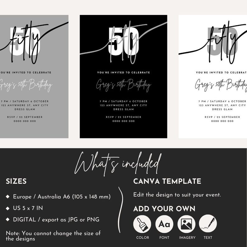 Stylish 50th Birthday Invitation, Editable Canva Invite Template ...
